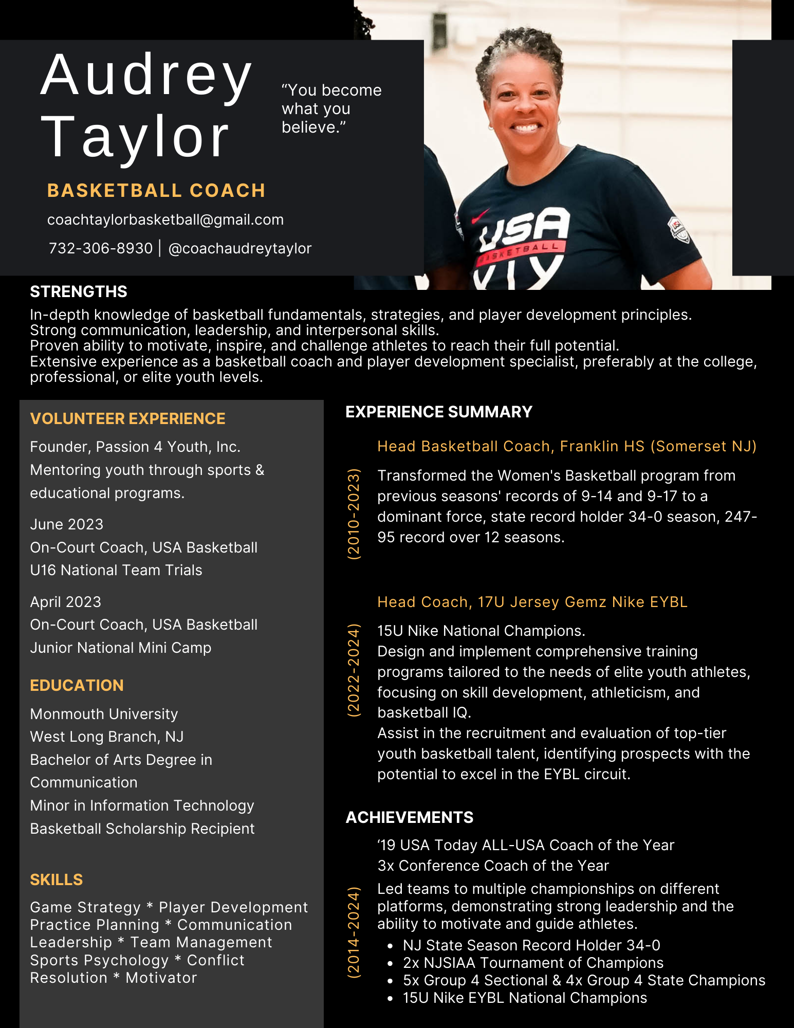 Resume Snap Shot – Coach Audrey Taylor